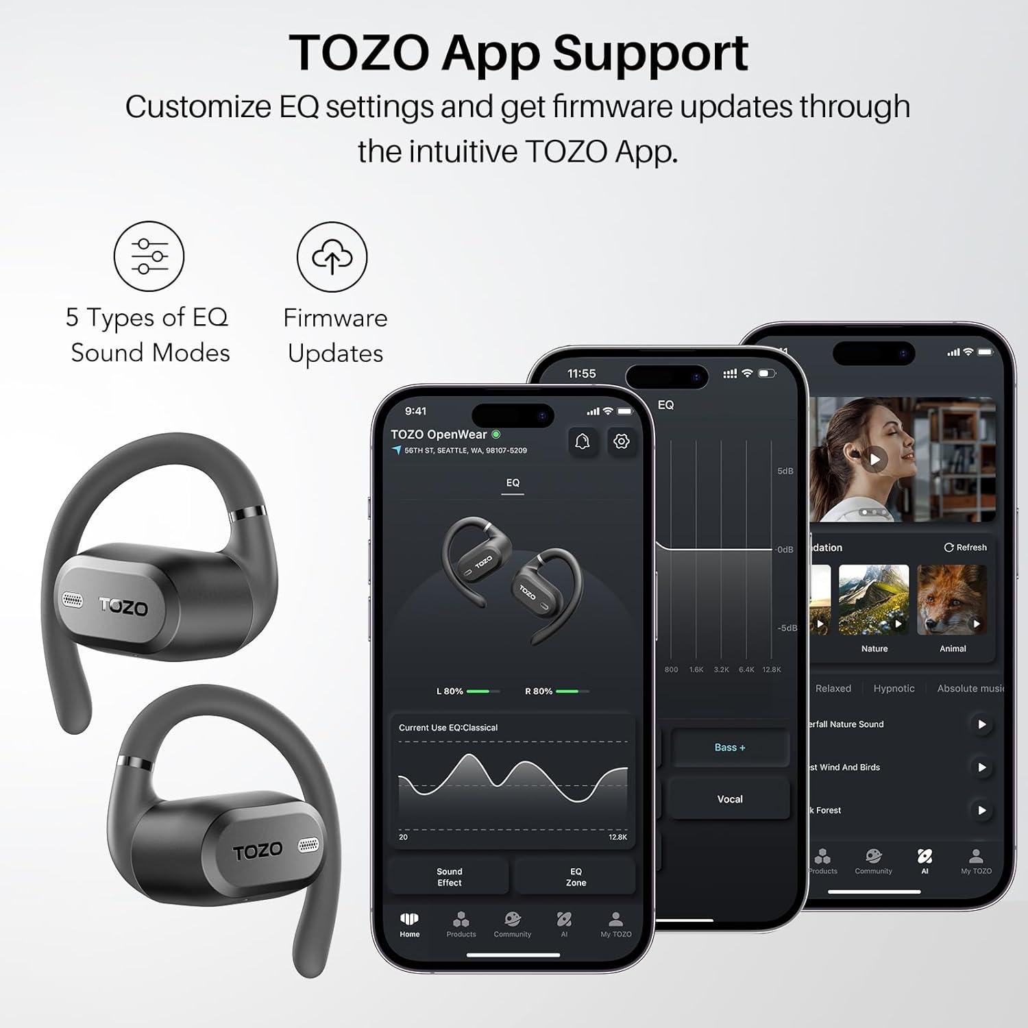 TOZO OpenWear Open Ear Headphones, Adjustable Ear Hooks, Ultra Comfort ...